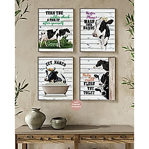 MTL HOE Funny Cow Rustic Bathroom Decor Art Print, Farmhouse Bathroom Cow Pictures Signwall Decor Posters Farm Bathroom Decor, Cow Kitchen Decor Cow Print Bathroom Decor Set of 4 (8X10in Unframed)
