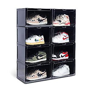 OMOPIN XL Shoe Storage Box,Drop Side Shoe Box,8 Pack Shoe Containers,Sneaker Display Case,Shoe Boxes Clear Plastic Stackable size13.4”x 10.6”x 8.3” Fit up to US 13 (Black 8 Pack)
