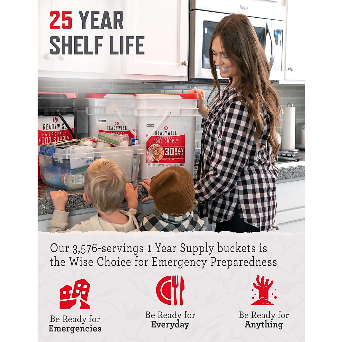 READYWISE- 1 Year, Emergency Food Supply, 3,576 Servings, 24 Buckets, Freeze-Dried, MRE, Camping, Hiking, Survival, Adventure Meal, 25-Year Shelf Life