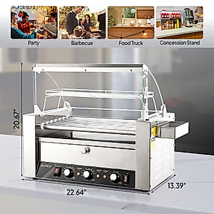 ROVSUN Hot Dog Roller Warmer ETL Certified, 7 Rollers 18 Hot Dog Roller Grill Cooker Machine w/Bun Warmer, Cover, Dual Temp Control, LED, Removable Shelf & Drip Tray for Party Home Commercial 1200W