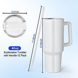 sweet grain 40oz Sublimation Tumbler with Handle and Straw Lid, 12 Pack Double Wall Vacuum Reusable Stainless Steel Insulated Water Bottle Travel Mug Cup, White, DIY Gift