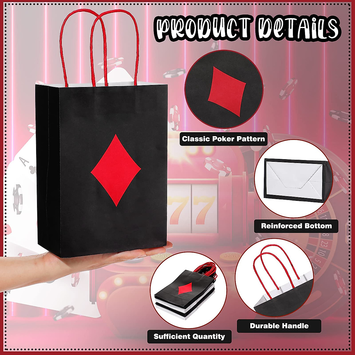 Outus 24 Pcs Casino Party Favor Gift Bags Casino Theme Party Supplies Las Vegas Poker Goody Treat Paper Bags for Casino Birthday Party Decor, 8.3 x 6 x 3 inches