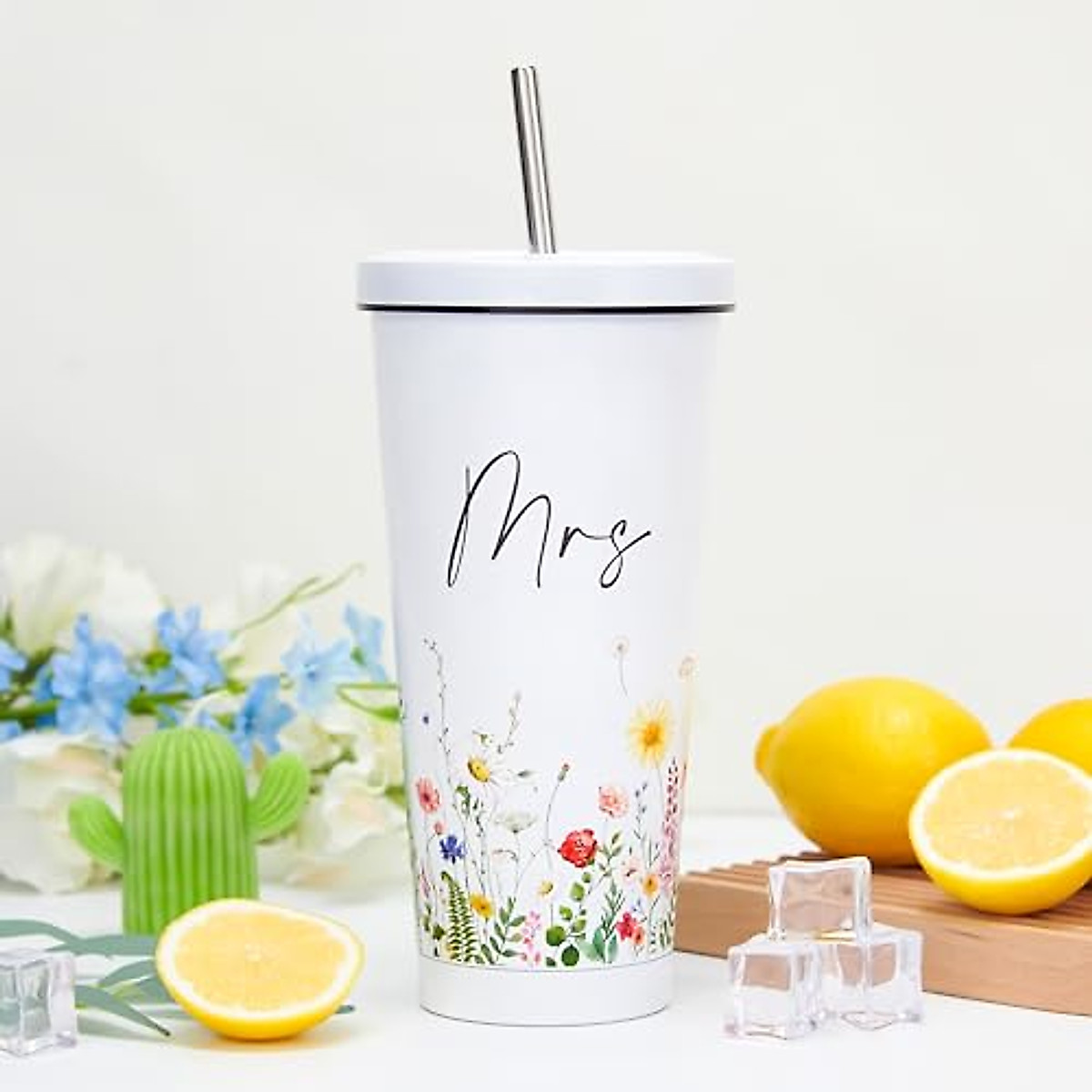 Crisky Wildflower Mrs Gifs Bride Cup for Wedding Engagement Bridal Shower Stainless Insulated Tumbler with Lid & Box 26 OZ