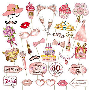 60th Brithday Decoration, 30PCS 60th Birthday Photo Booth Props, LMSHOWOWO Inflatable Photo Booth Frame, Rose Gold Inflatable Selfie Frame, Glitter Birthday Party Photo Props, for Women Birthday Gifts