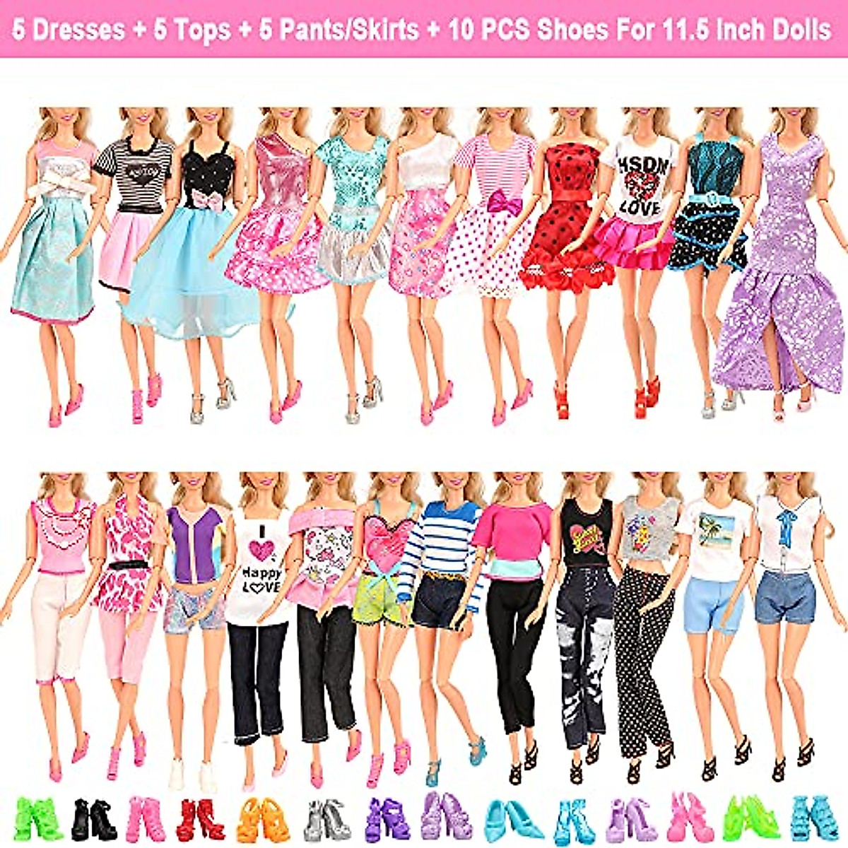Miunana Lot 34 pcs Random Doll Clothes Shoes Set for 11.5 inch Doll, Includ 10 PCS Boy Doll Clothes + 5 Girl Clothes + 5 Girl Fashion Skirts + 4 Pairs for Boy Shoes + 10 Pairs of Girl Doll Shoes