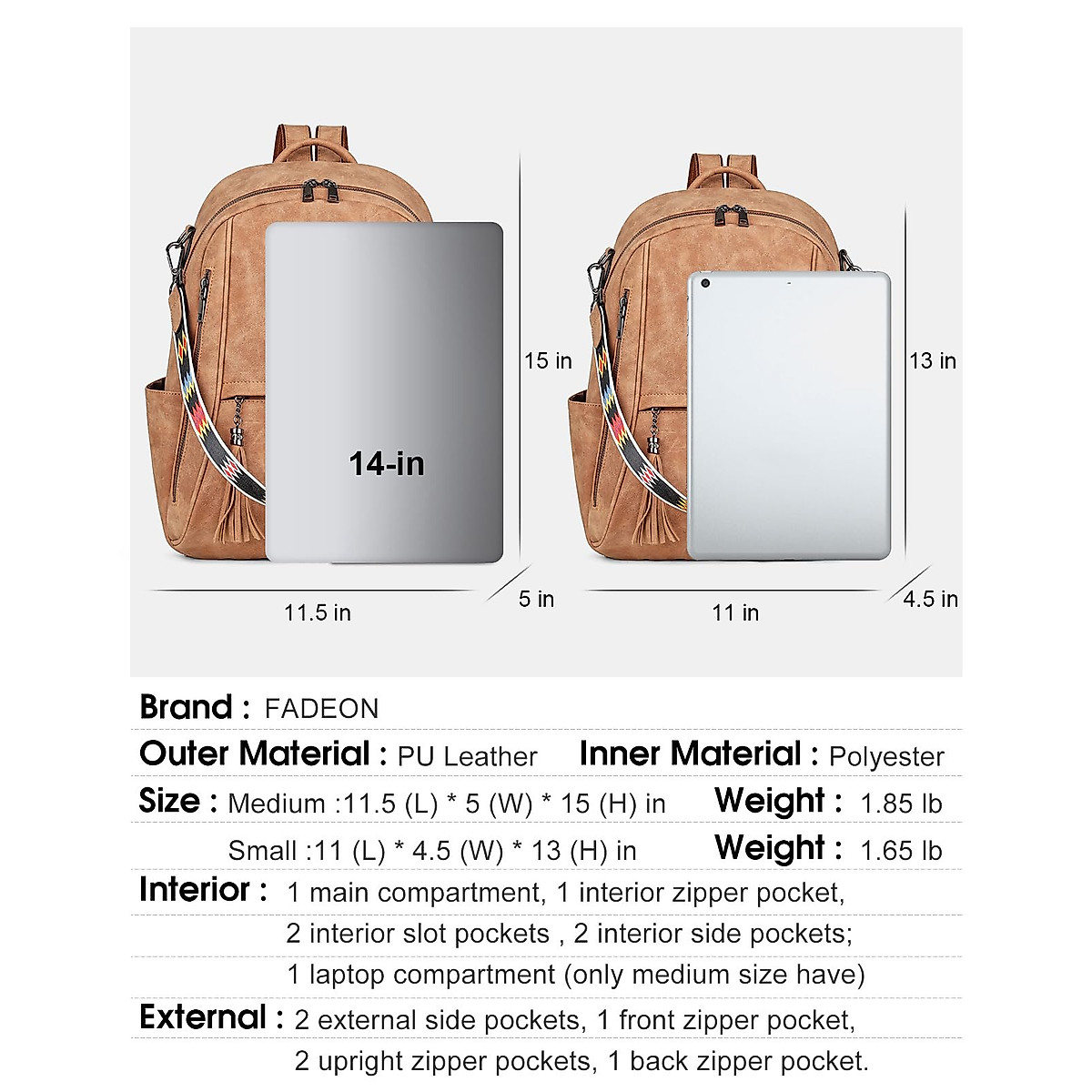 FADEON Leather Laptop Backpack Purse for Women Small Designer Laptop Bag,Multi-Pockets Travel Ladies Shoulder Bag Brown
