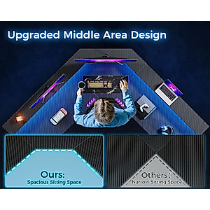 ODK L Shaped Gaming Desk with LED Lights & Power Outlets, 50.8" Computer Desk with Full Monitor Stand, Corner Desk with Cup Holder, Gaming Table with Hooks, Black Carbon Fiber