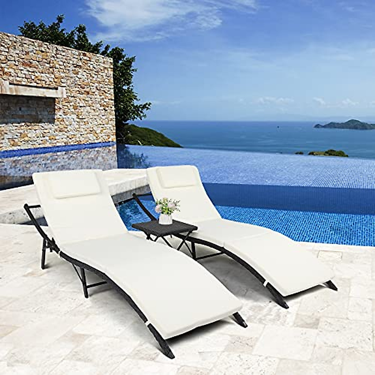 SAWQF 3-Piece Outdoor Terrace Furniture Set 2 Folding Bed 1 Folding Coffee Table Black PE Cane Iron Frame 4 Lines