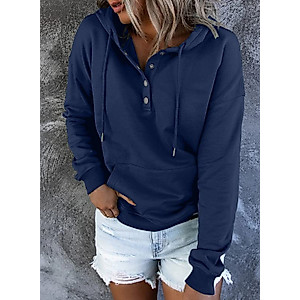 Dokotoo Womens Sweatshirt Ladies Fall Tops Drawstring Hoodies Sweatshirts for Women Long Sleeve Hooded Pullover with Pockets Button Collar Fleece Casual Basic Simple Winter Shirts Tops Blue XL
