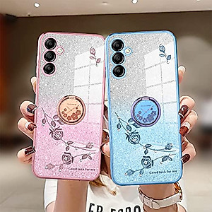 Bonoma Case for Samsung Galaxy A14 with 360°Rotatable Ring Holder Kickstand, Cute Luxury Saprkle Glitter Pretty Pink Flowers Floral Shiny Bling Sparkle Cover Shell for Women Girls