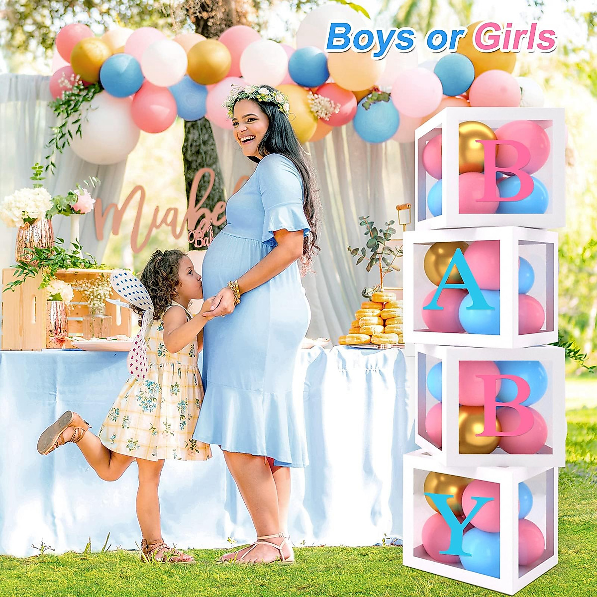 Gender Reveal Baby Balloon Boxes Decorations, Pink Blue Balloon Arch Garland Kits With 4pcs Baby Boxes, Gender Reveal Backdrop for Baby Shower,Boy or Girl gender Reveal Party Supplies(141pcs)