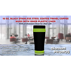 DISCOUNT PROMOS 16 oz. Black Steel Travel Coffee Mugs - 10 pack - Lime Green