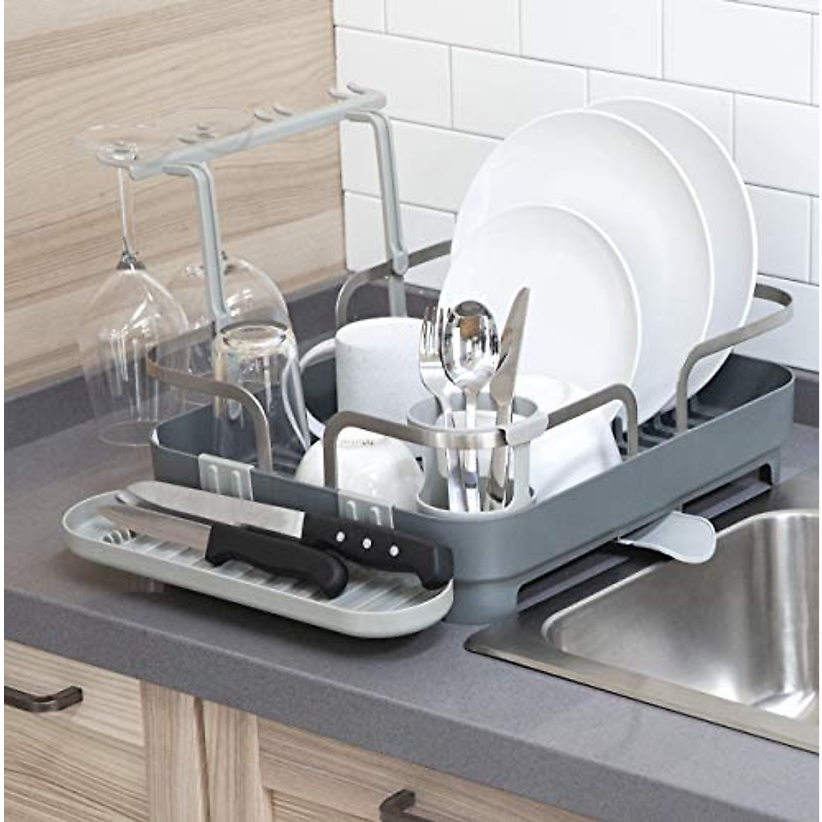 Umbra Holster Dish Rack– Molded Plastic Dish Drying Rack with Drainage Spout, Charcoal