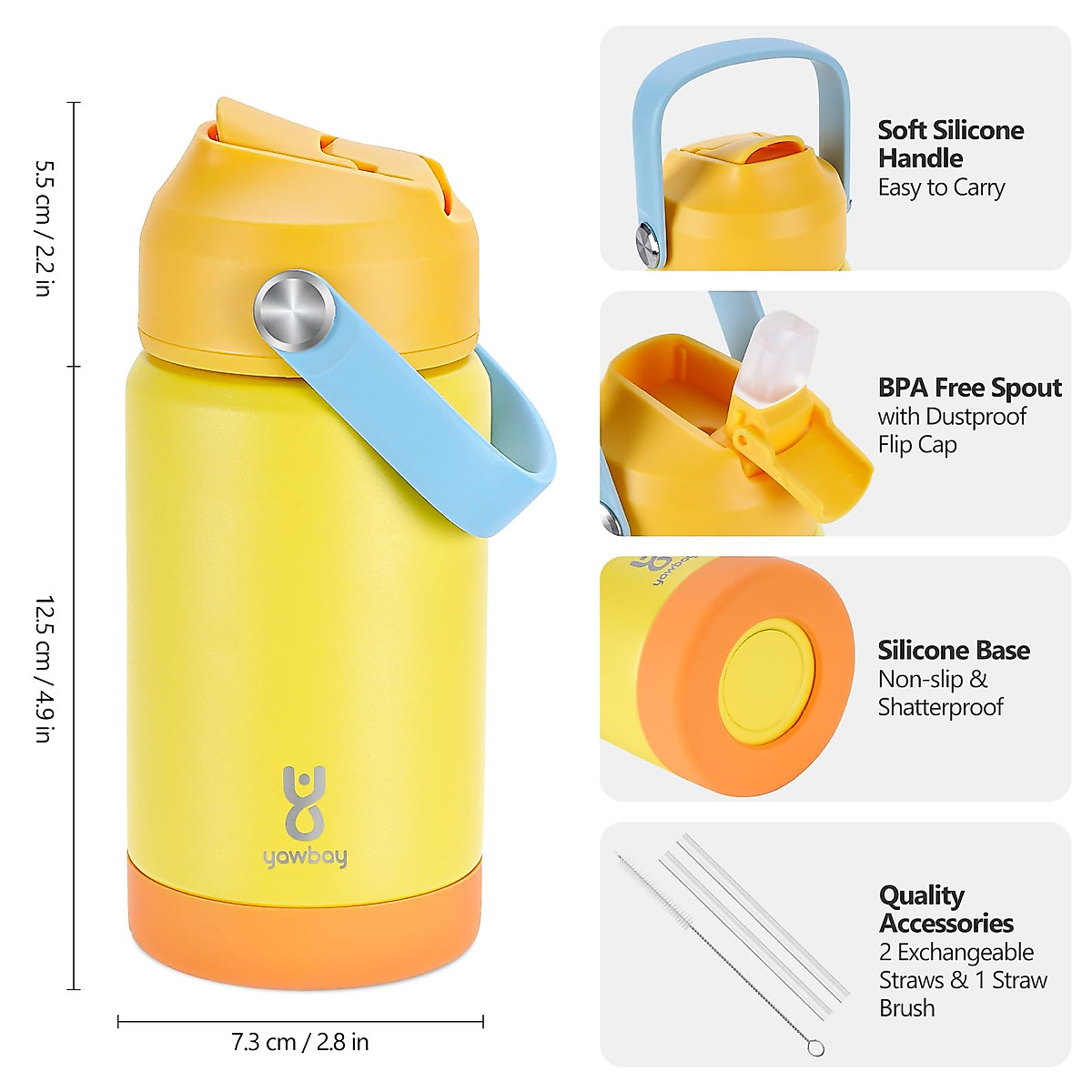 Kids Insulated Water Bottle with Straw Lid & Silicone Handle,12oz Kids Leak Proof Water Bottle for School Boys Girls,Double Wall Vacuum Stainless Steel with Non-slip Silicone Base(Yellow)