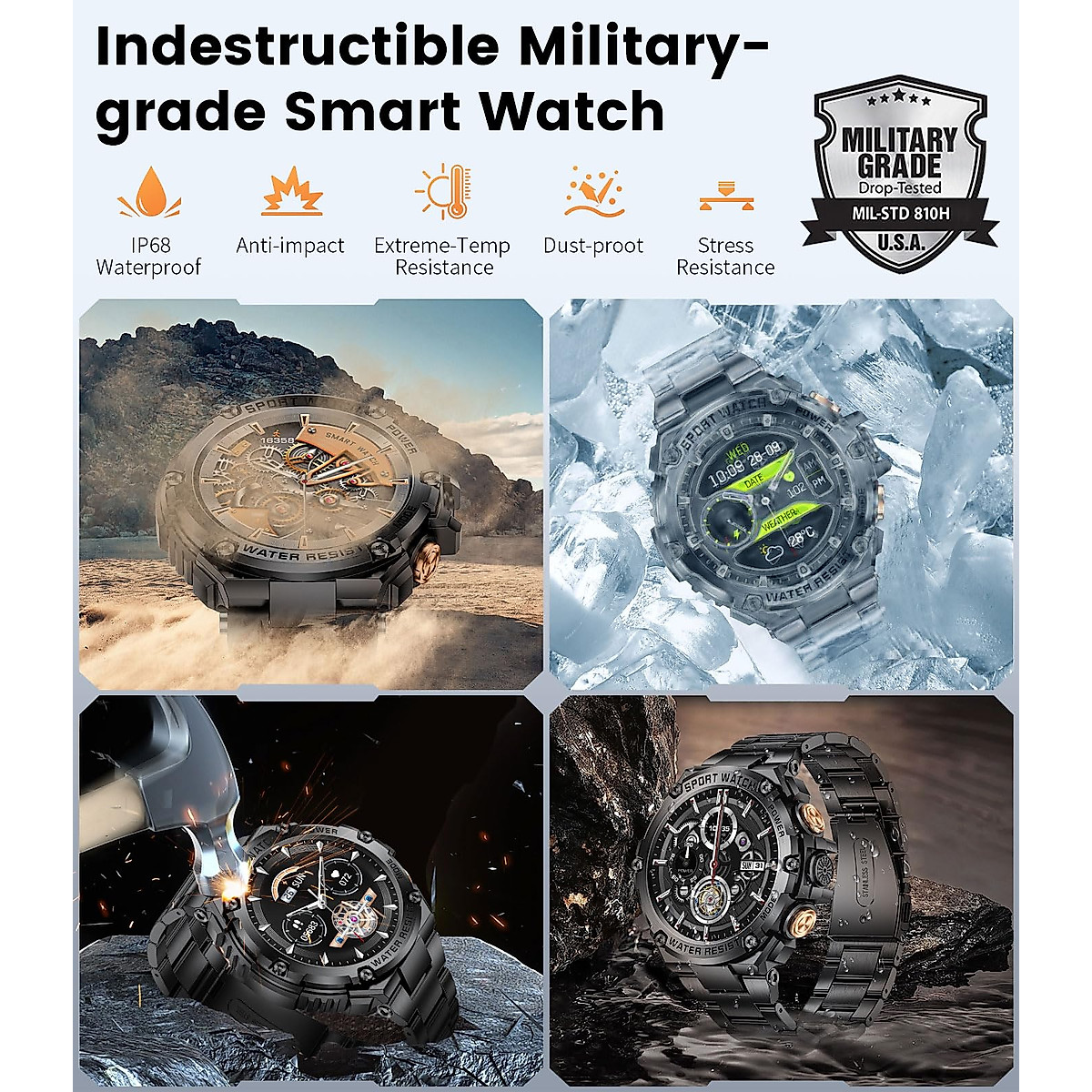 LIGE Military Smart Watches for Men with Call, 5ATM Waterproof 800mAh Extra-Large Battery Fitness Watch with Heart Rate/SpO2/Sleep Monitor, 1.5'' HD DIY Screen Smartwatch for Android iOS