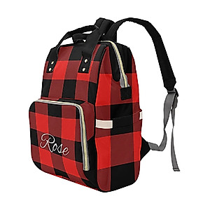 CUXWEOT Personalized Red Black Diaper Bag Backpack with Name Custom Mommy Nursing Baby Bags Nappy Bag Casual Travel Daypack for Mom Girl Gifts