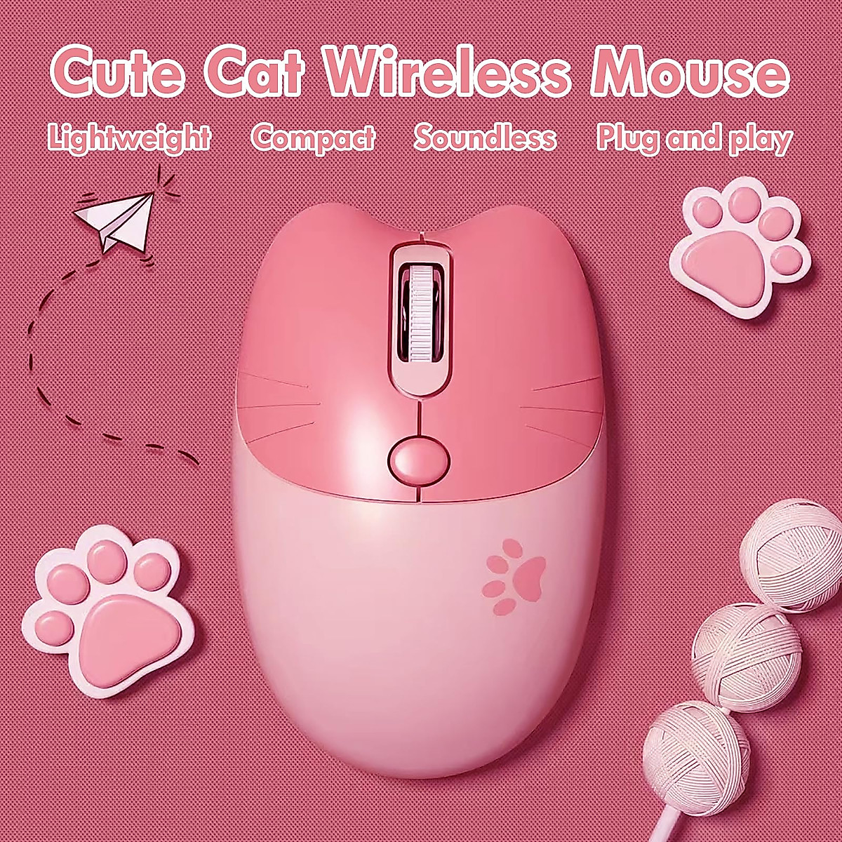 Lomiluskr Cute Cat Wireless Mouse, Lightweight Soundless Mouse, 2.4G Wireless Mice, Candy Colors, Kawaii Mouse for Girls and Kids (Pink)