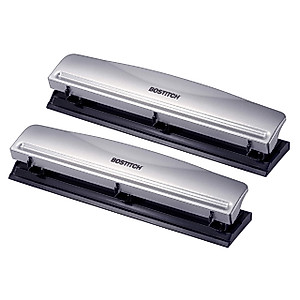 Bostitch Office Premium 3 Hole Punch, 12 Sheet Capacity, Metal, Rubber Base, Easy-Clean Tray, Silver, 2-Pack