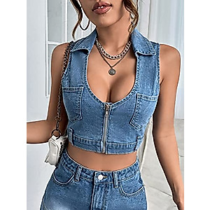 WDIRARA Women's Zipper Up Collared Scoop Neck Sleeveless Patched Pockets Denim Tank Top Medium Wash L