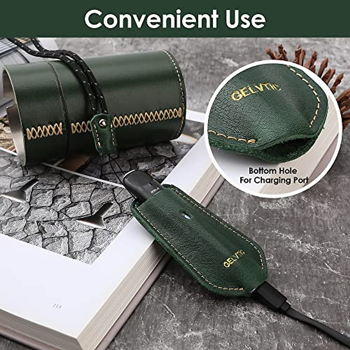 GELVTIC Leather Vape Holder Pouch Necklace Lanyard, Protective Case Cover for Vape Device Electronic Cigarette, Vape Carrying Case Bag Pocket (Green)