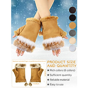 SATINIOR 6 Pairs Women Faux Rabbit Fur Gloves Fingerless Winter Gloves Mittens Warm Gloves Stretchy Hand Wrist Warmers (Classic Color)