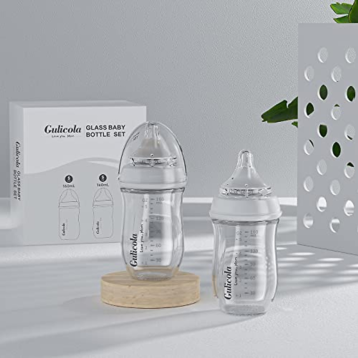 Gulicola Natural Glass Baby Bottle for Breastfed Babies, Medium Flow, Anti-Colic, 3 Months+, 5oz, 2 Count(Grey White)