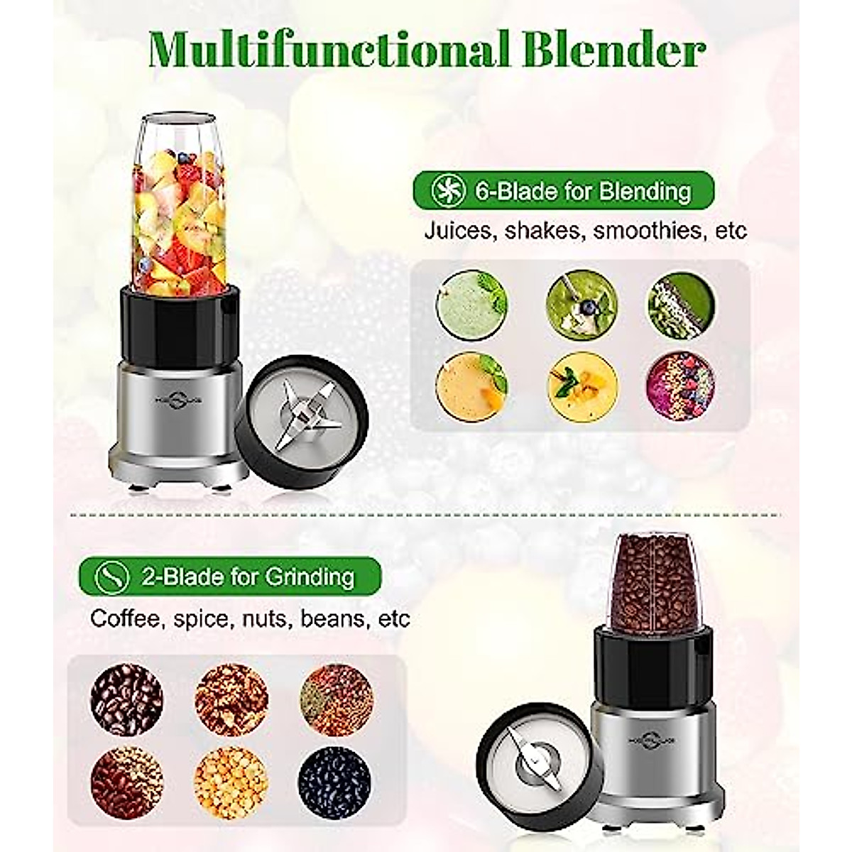 Personal Blender for Shakes and Smoothies, 6 Blades Bullet Blenders for Kitchen 850W, 17 Pieces Smoothie Blender with Grinder, 2 * 20oz To-Go Cups, Countertop Blender for Fruits, Protein Drinks, Ices