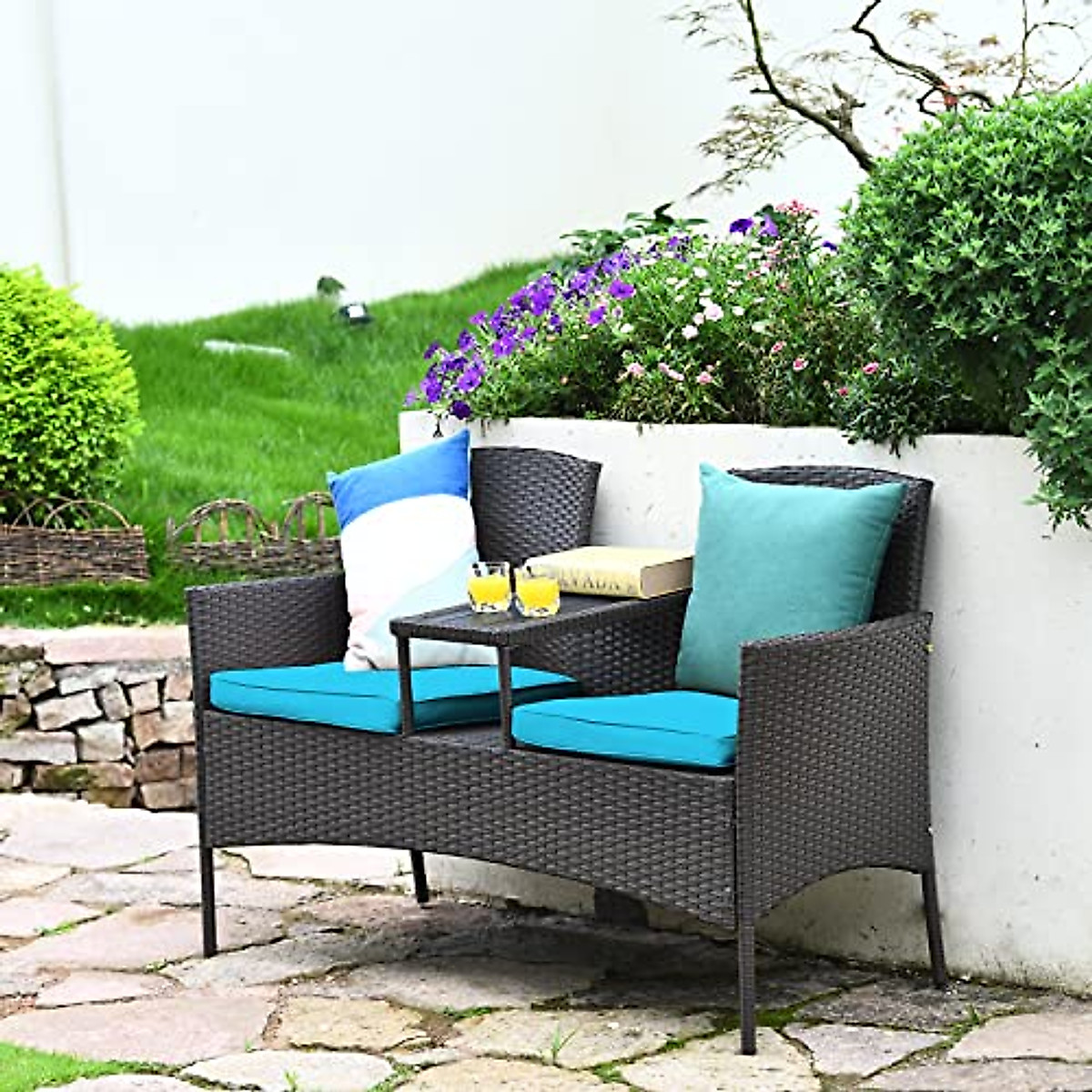 Tangkula Outdoor Rattan Loveseat, Patio Conversation Set with Cushions & Table, Modern Patio Furniture Set Wicker Sofa Set with Built-in Coffee Table, Rattan Sofas for Garden Lawn Backyard