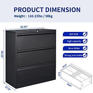 3 Drawer Filing Cabinet, Black Lateral File Cabinet with Lock, Lockable Metal File Cabinet for Home Office, Office File Cabinets for Legal/Letter/A4/F4 Size with Hanging Files&Key (Black(3 Drawer))
