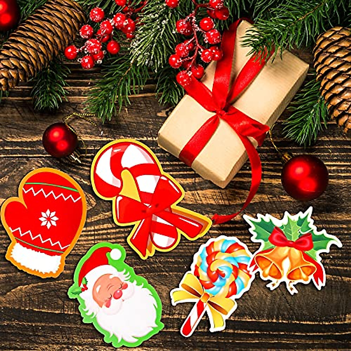 60 Pieces Christmas Mini Cut-Outs Assorted Holiday Cut-Outs 12 Designs Santa Claus Stocking Xmas Tree Snowflake Bells Classroom Winter Decoration for Kids Bulletin Border School Office Party Favor