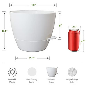 WOUSIWER 10 inch Self Watering Planters, 2 Pack Large Plastic Plant Pots with Deep Reservior and High Drainage Holes for Indoor Outdoor Plants and Flowers, White