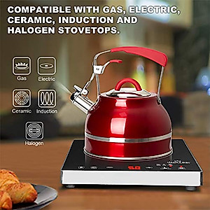 Secura Whistling Tea Kettle, 2.3 Qt Tea Pot, Stainless Steel Hot Water Kettle for Stovetops with Silicone Handle, Tea Infuser, Silicone Trivets Mat, Red