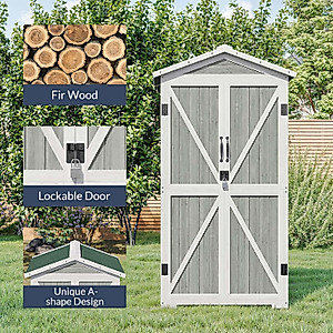 BELLEZE Outdoor Storage Cabinet with 4 Removeable Shelves, Wooden Garden Tall Storage Shed Lockable Tool Storage Cabinet with Waterproof Roof, Outside Tool Shed for Patio Lawn Yard Backyard - Gray