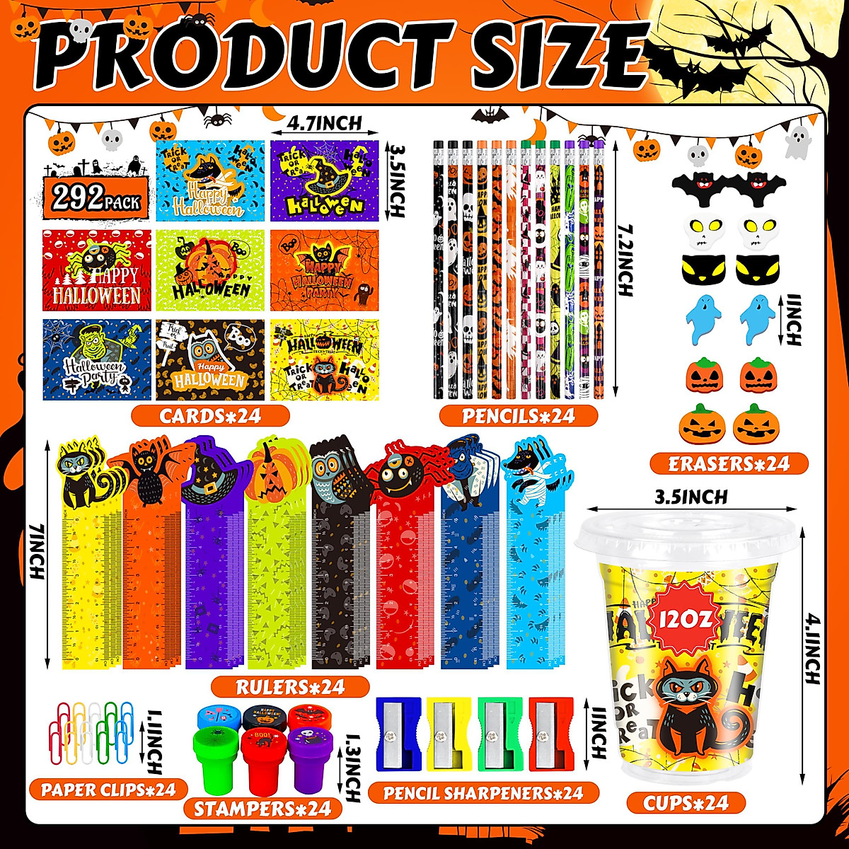 292 Pcs Halloween Party Favors, 24 Packs Stationery Supplies Set with Pencils Erasers Sharpeners Rulers Notepads Stampers Cups, Halloween Treats Goodie Bag Fillers for kids gifts, Classroom Prizes