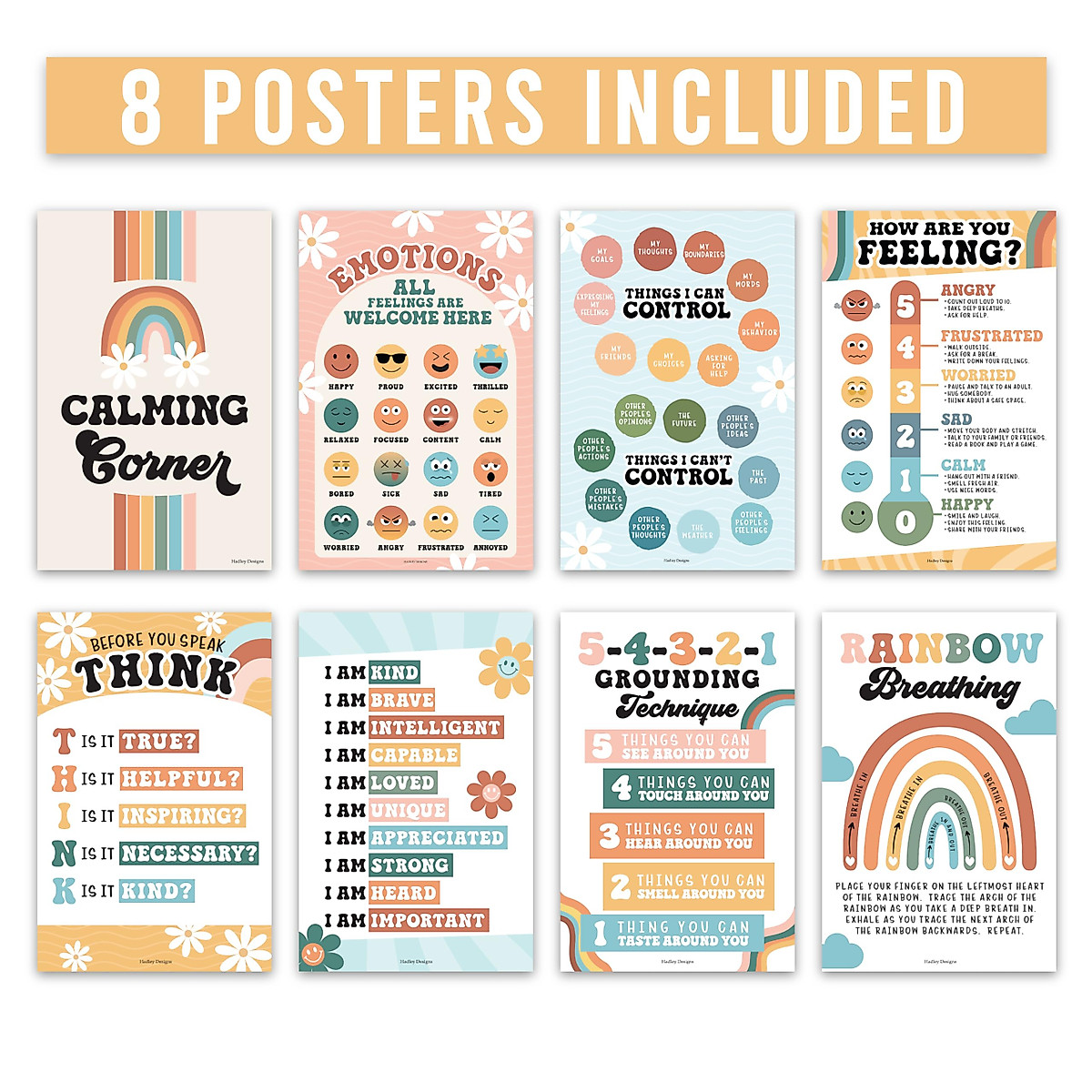 8 Calming Corner Posters For Classroom Must Haves For Teachers - 11x17" Calm Down Corner Supplies, Feelings Chart For Kids Ages 4-8, Toddler Emotions Chart, Retro Classroom Decor