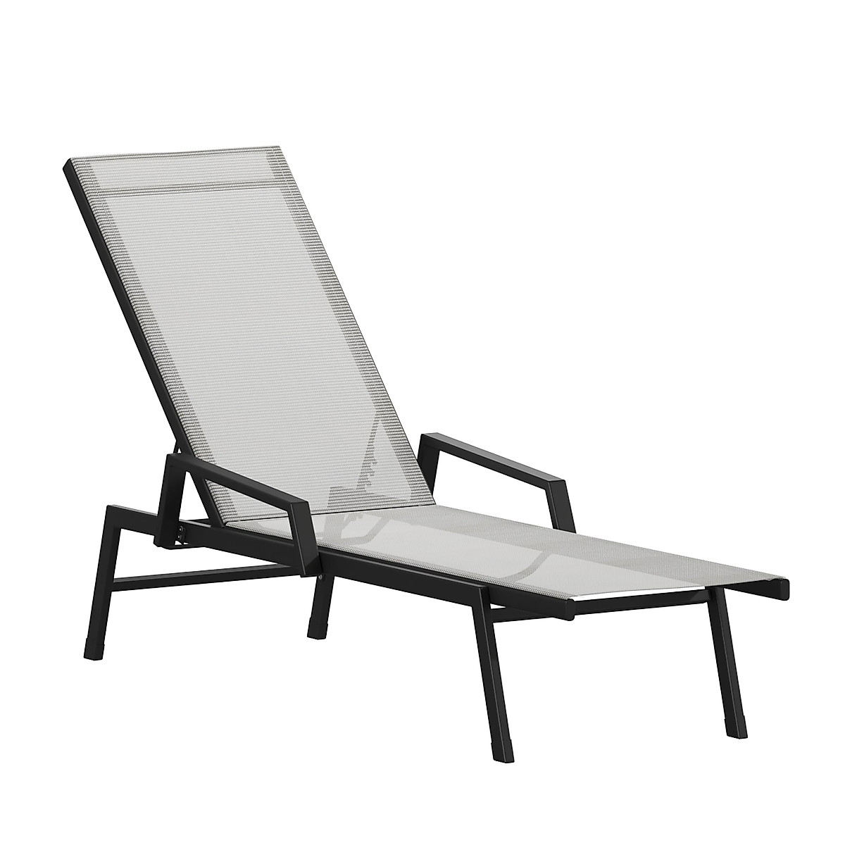 EMMA + OLIVER Braelin Adjustable Patio Chaise Lounge - Gray Textilene Seat - 5 Recline Positions - Metal Frame - All-Weather