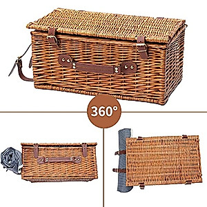 Picnic Baskets for 4 Persons Retro Classic Willow Hamper Set with Waterproof Blanket for Camping &Outdoor Party (Retro Style)
