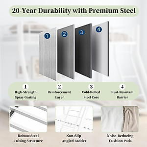 Jaxenor Bunk Bed Twin Over Full Size with Ladder, Heavy Duty Metal Bed Frame with Safety Guardrail, Sturdy Twin Bunk Beds for Kids Teens & Adults, No Box Spring Needed, White