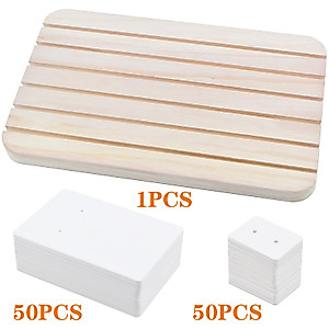 JMKTOOL Wood Earring Display Stand Set, 50pcs Earring Cards, 50pcs Necklace Earring Cards and 1pcs Wood Block Jewelry Display Holder for Selling Jewelry Organizer Displaying Photos Business Card