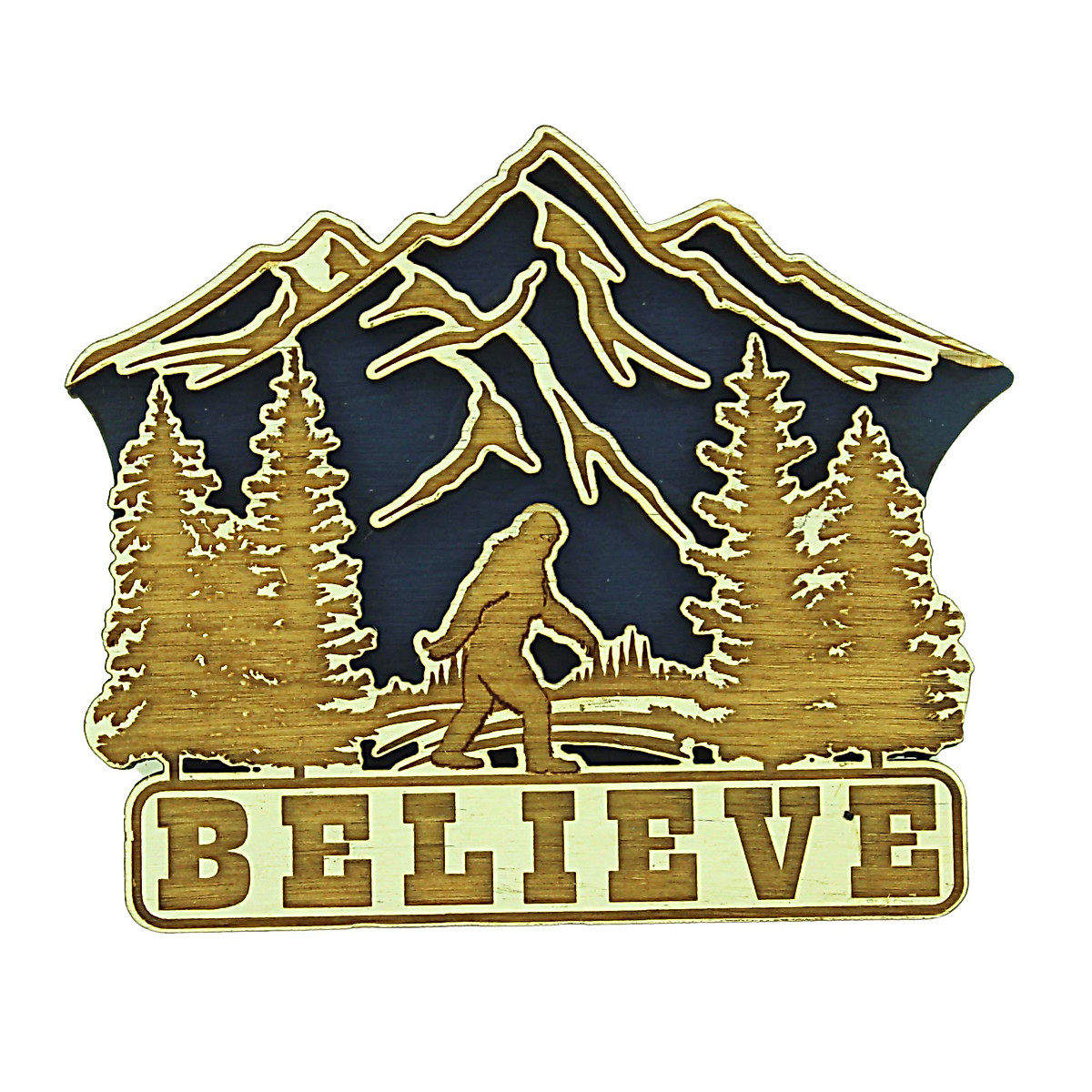 Believe in Bigfoot Wood Carved Magnet, Laser Cut Sasquatch Magnetic Decal for Fridge, Whiteboard, Souvenir Keepsake, 3.25 Inches