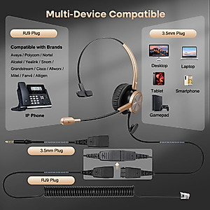 MAIRDI Phone Headset with RJ9 & 3.5mm Jacks for Call Center Office Deskphone Cell Phone PC Laptop, Landline Telephone Headset with Microphone Noise Canceling for Polycom Avaya Nortel