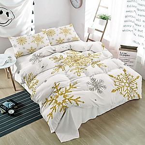 California King Size Duvet Cover Set,Gold White Christmas Snowflake Texture 3 Pieces Soft Bedding Sets,1 Quilt Cover+2 Decorative Pillow Shams for Bedroom All Season,Simple Winter Snow Scene Bed Set