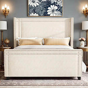 Jocisland Queen Size Bed Frame, Chenille Upholstered Platform Bed with Wingback Headboard & Footboard, Nailhead Trim, No Box Spring Needed, Cream
