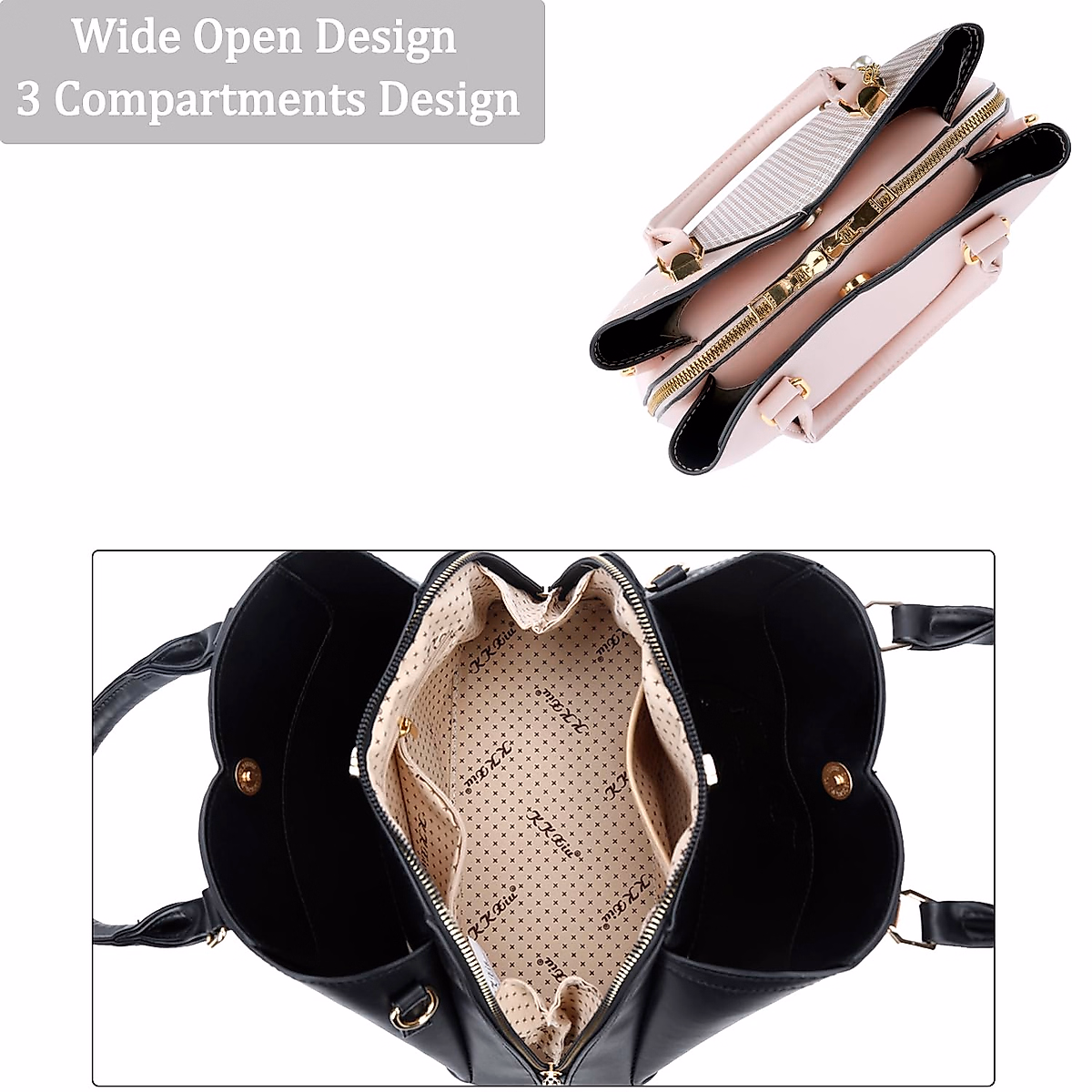 KKXIU Triple Compartments Purses and Handbags for Women Fashion Ladies Satchel Shoulder Top Handle Bag (1-Pink)