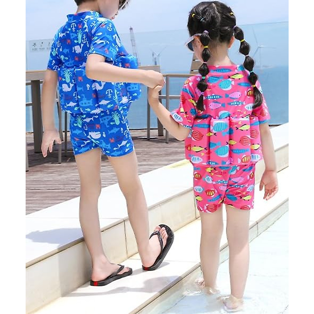 Digirlsor Baby Toddler Girls Boys Float Suit One Piece Rashguard Cartoon Short Sleeve Zip up Buoyancy Swimsuit +Cap Blue, 1-2T