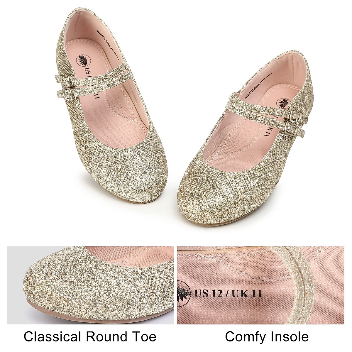 MIXIN Girls Mary Jane Shoes School Uniform Dress Shoes Princess Ballerina Girls Flat for Wedding（Little/Big Kid） Gold Size 2