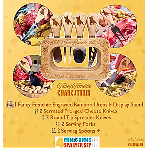 Frenchie The French Bulldog Cheese Board Deluxe Stainless Steel Utensils 12 Set, and Engraved Bamboo Display Stand, Cheese Knives, Forks, Spoons, Spreaders and Mini Forks, Fancy Frenchie Charcuterie