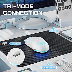 AJ52PRO Wired Wireless Bluetooth Gaming Mouse with RGB LED Backlight Adjustable 10000DPI Ergonomic 7 Programmable Button Rechargeable 800mAh Battery 2.4Ghz USB Receiver for PC Mac PS4 Gamer(StarWhite)