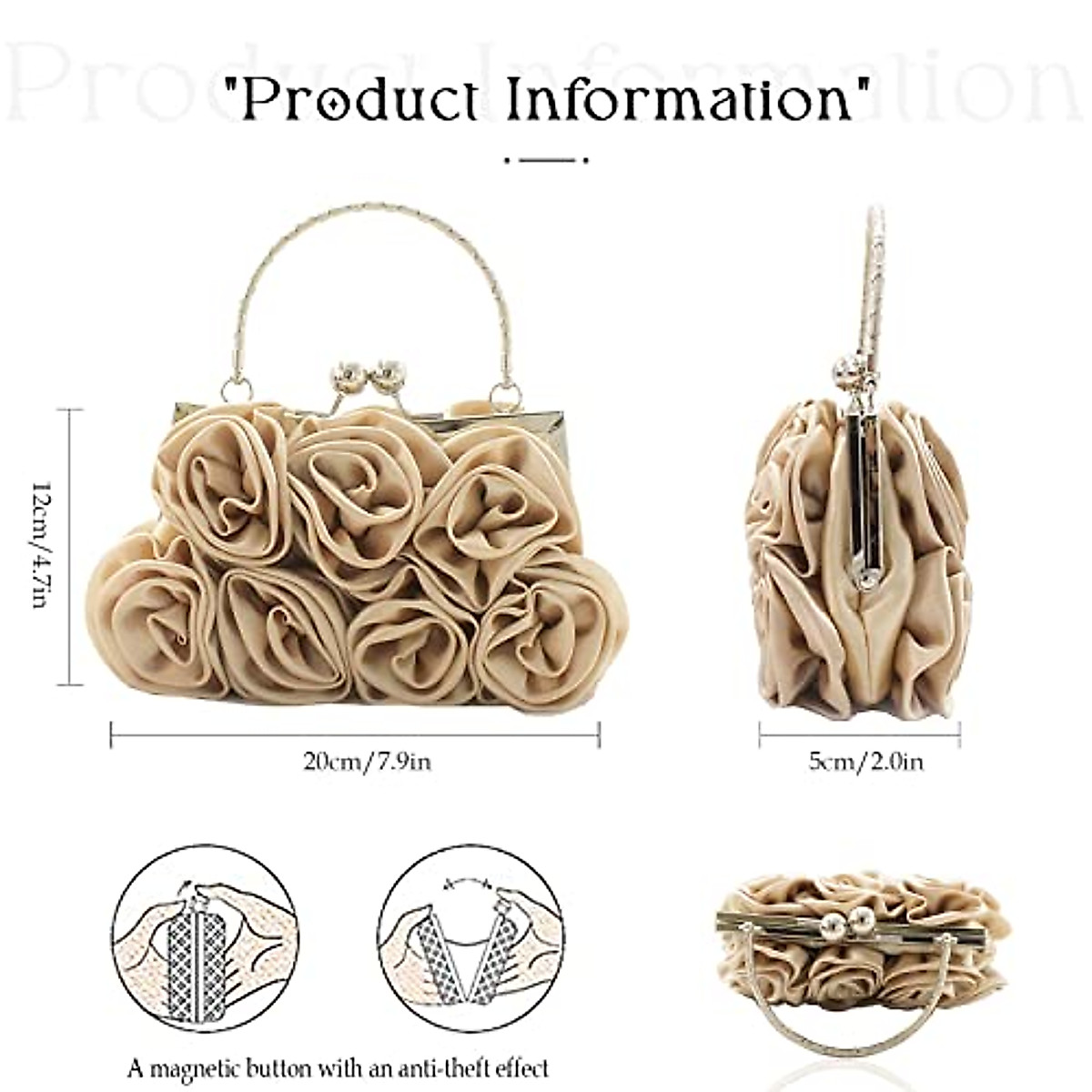 JAMBHALA Women Evening Clutch Bag Floral Satin Small Purses with Detachable Strap for Wedding, Party, Prom (Champagne)