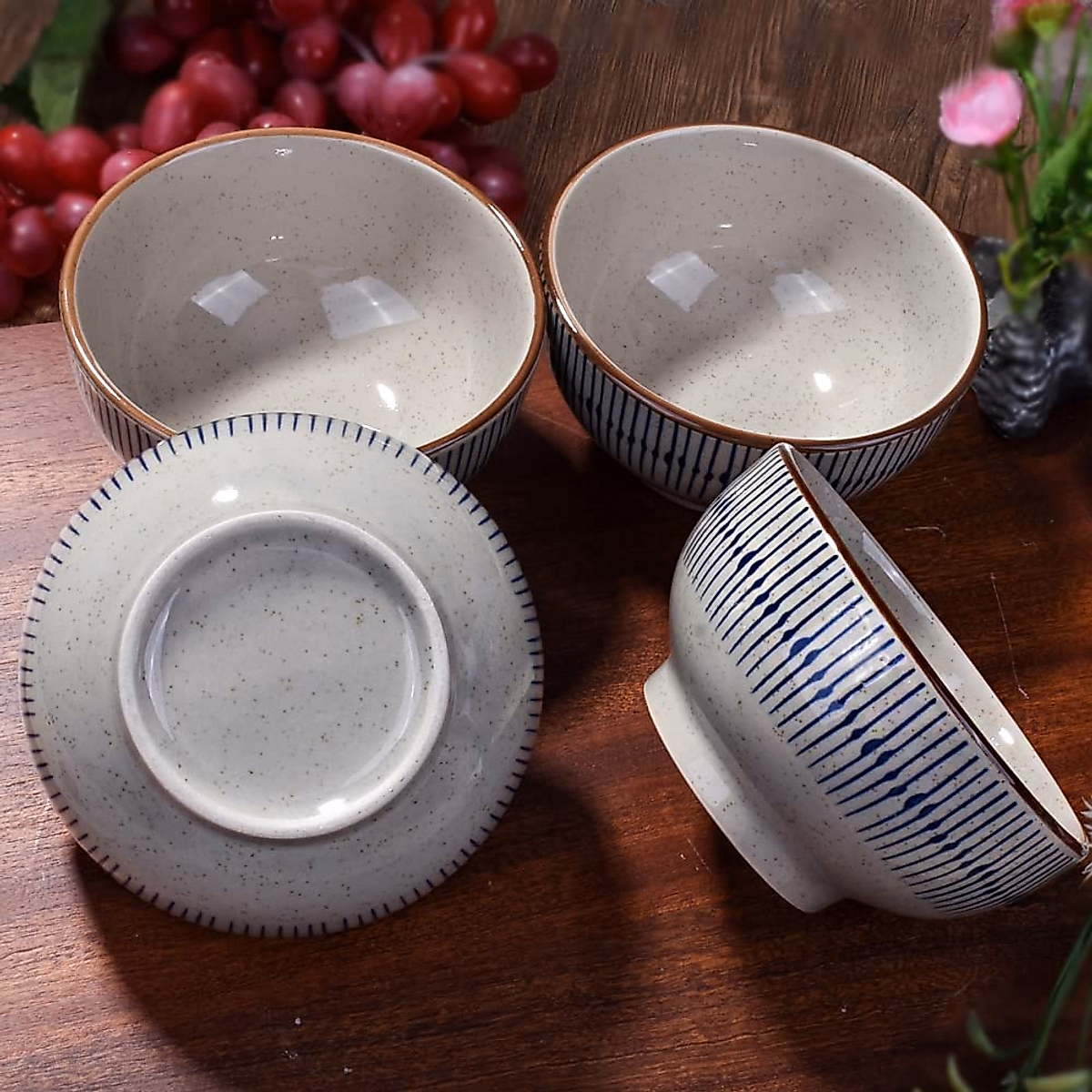 LMRLCS Rice Bowls Set of 4, Japanese Ceramic Rice Bowl, Cereal Bowl Serving Soup, Rice, Snacks, Sauces, Japanese Hand Painted Vintage Underglaze Ceramic